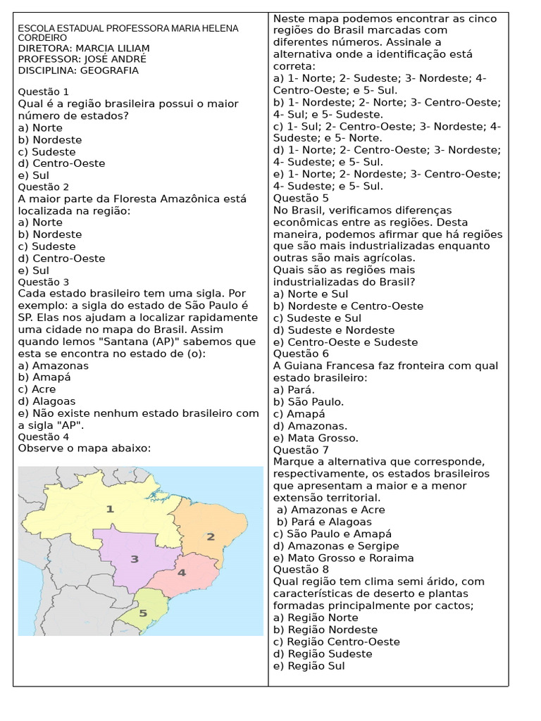 Prova 7 Ano 2 Do 1 Bimestre Certa | PDF | Brasil