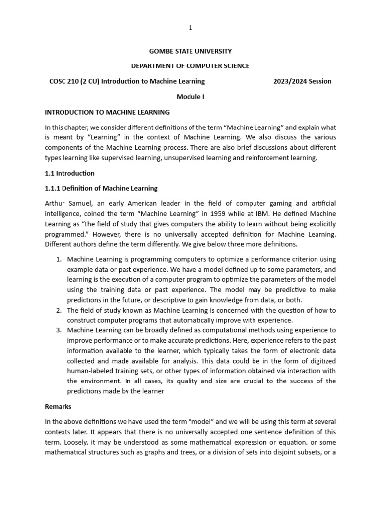COSC 210 INTRODUCTION TO MACHINE LEARNING Module I-1 | PDF | Machine Learning | Level Of Measurement