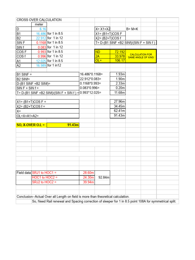 Xover Calculation of 108AB RGA Yard | PDF