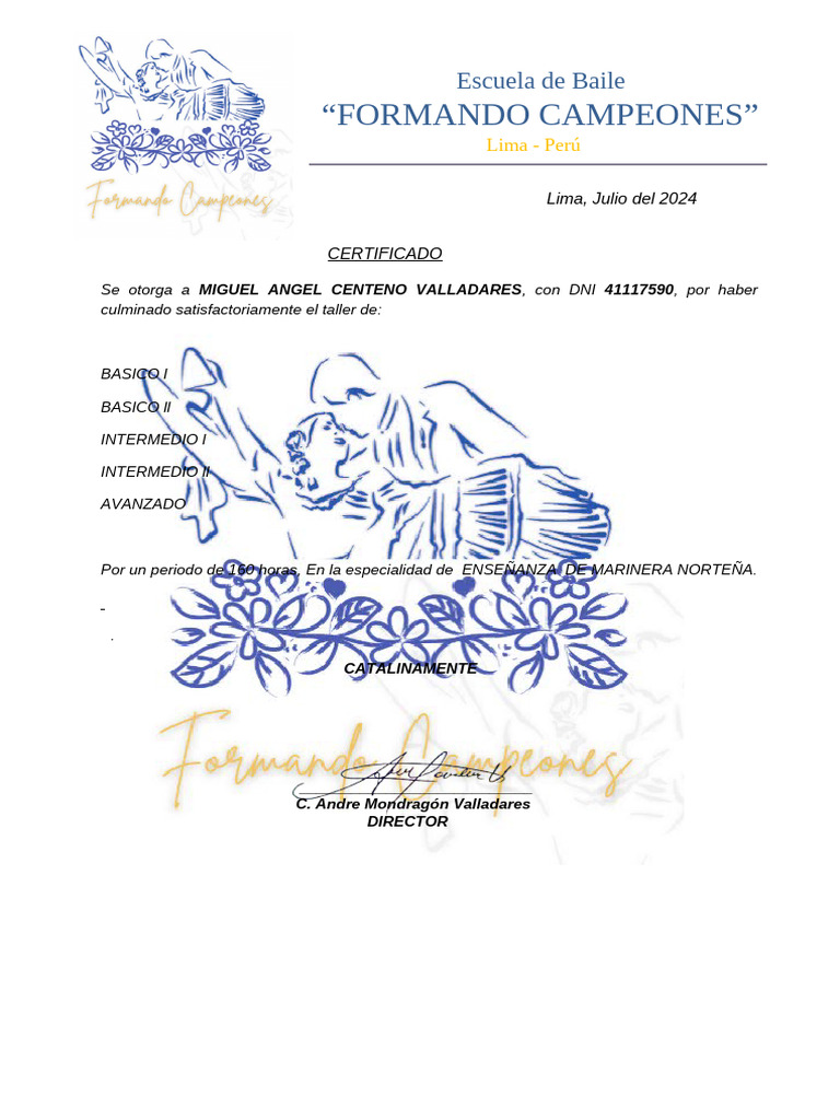 Certificado de Enseñanza de Marinera | PDF
