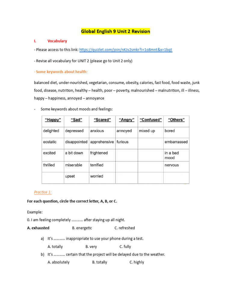 Global English 9 Unit 2 Revision Guide | PDF | Adjective | Malnutrition