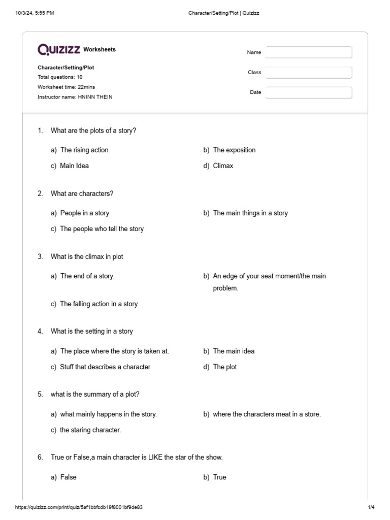 Character - Setting - Plot - Quizizz | PDF