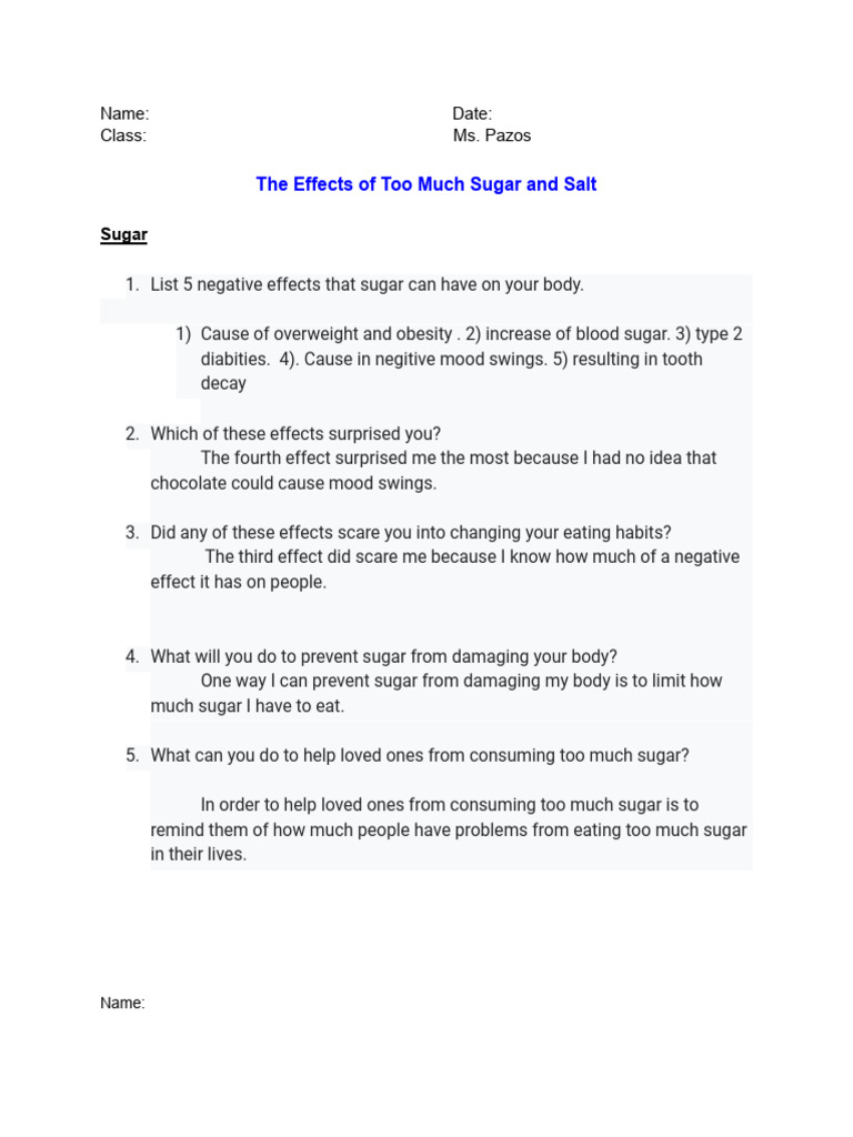 Zavier Richards - Sugar & Salt Intake Worksheet | PDF | Salt | Sugar