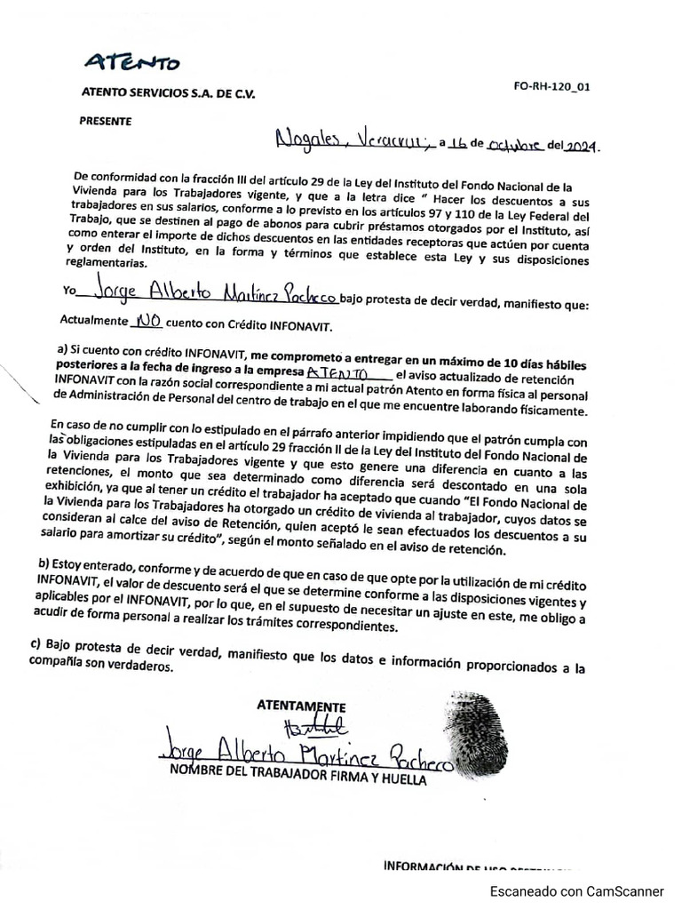 Carta Infonavit Jorge Alberto Martinez Pacheco | PDF