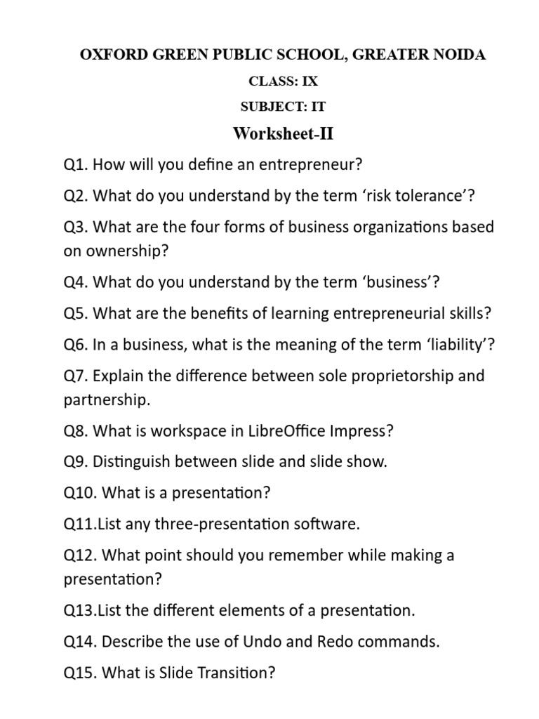 IT Worksheet for Class IX Students | PDF