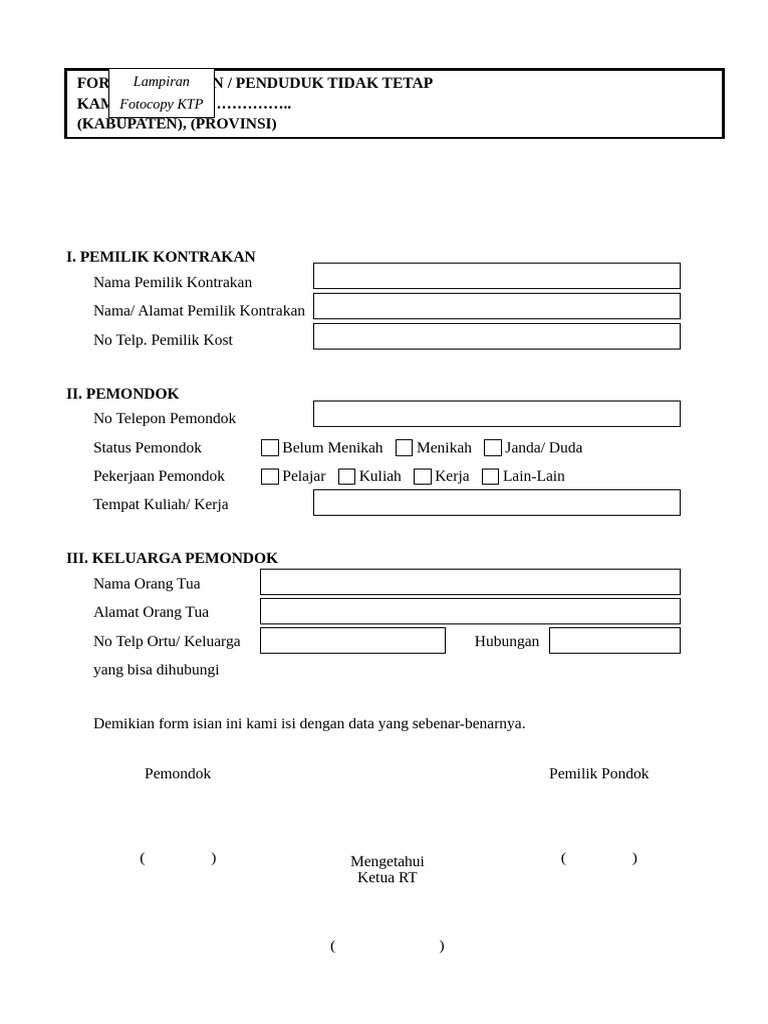 Form Pendataan Anak Kost | PDF