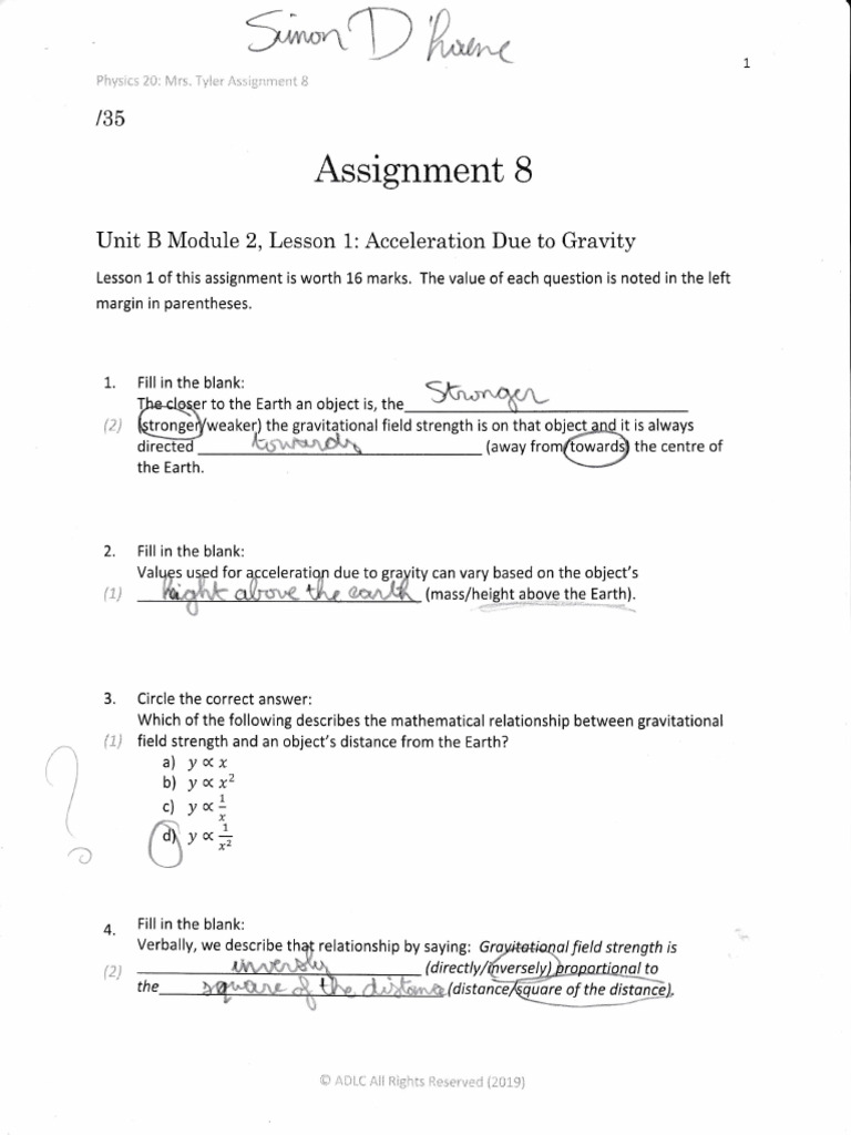 Simon D'haene Assignment 8 | PDF | Mass | Newton's Law Of Universal Gravitation