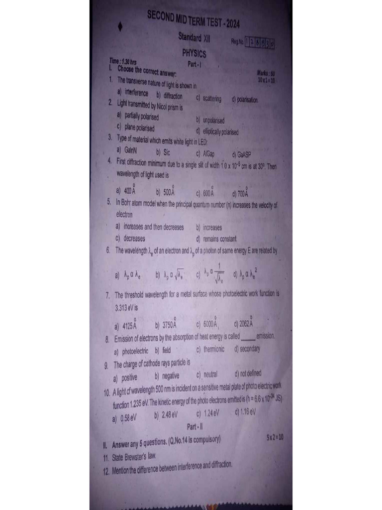 12th Physics 2nd Mid Term Paper 2024 | PDF