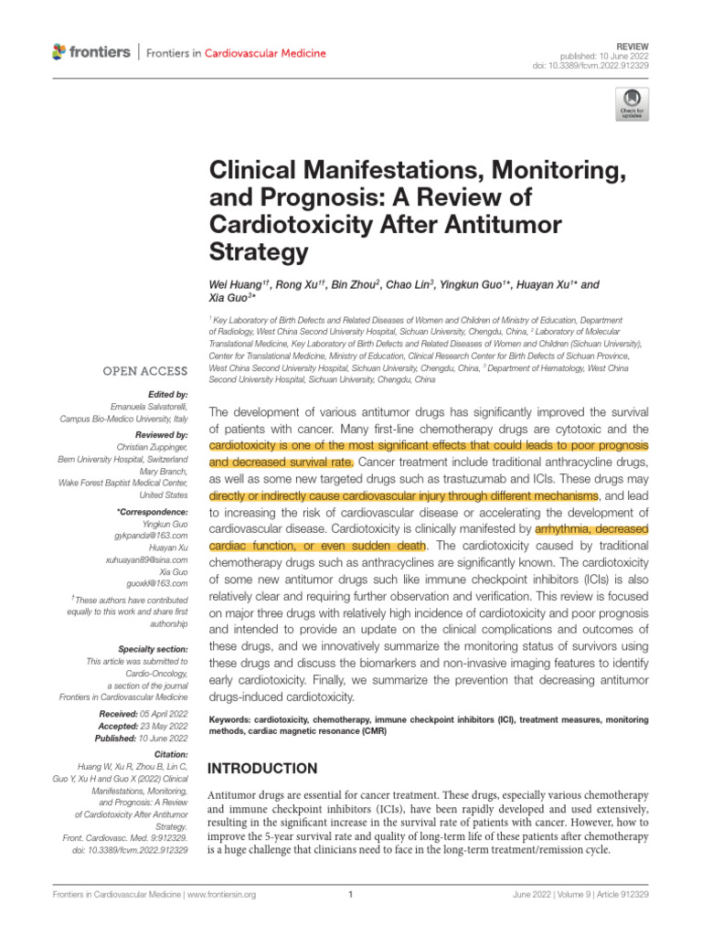 2022. Frontiers. Clinical Manifestation, Monitoring and Prognosis, A Review of Cardiotoxicity ...