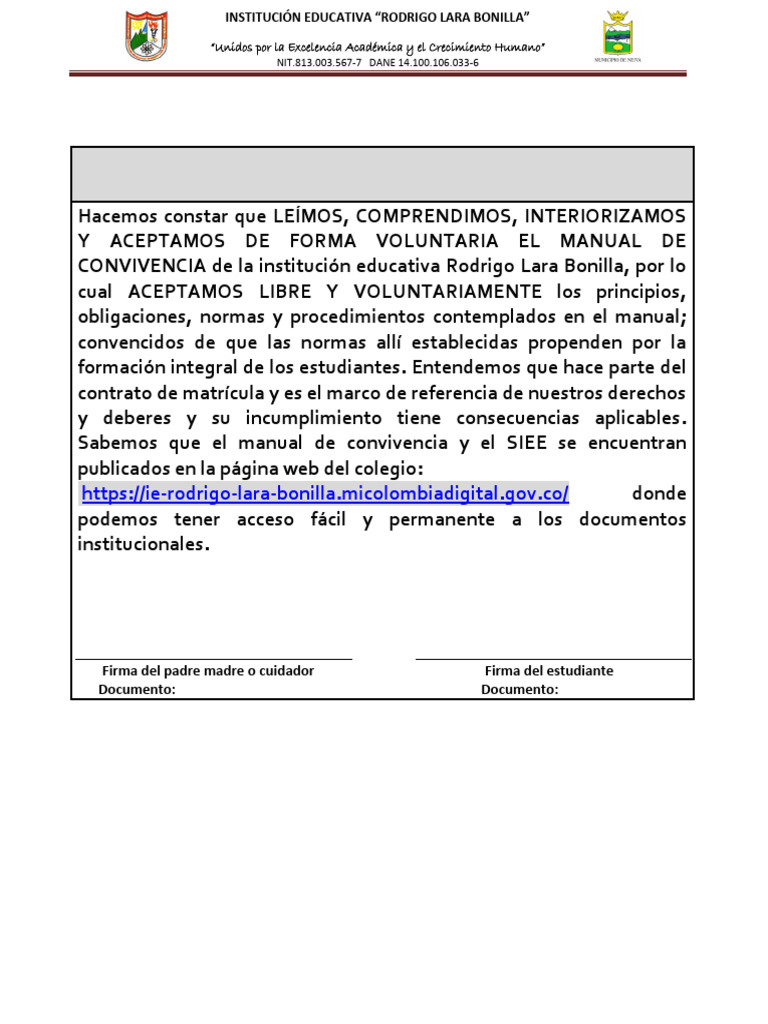 Aceptación Del Manual de Convivencia Escolar Larista | PDF