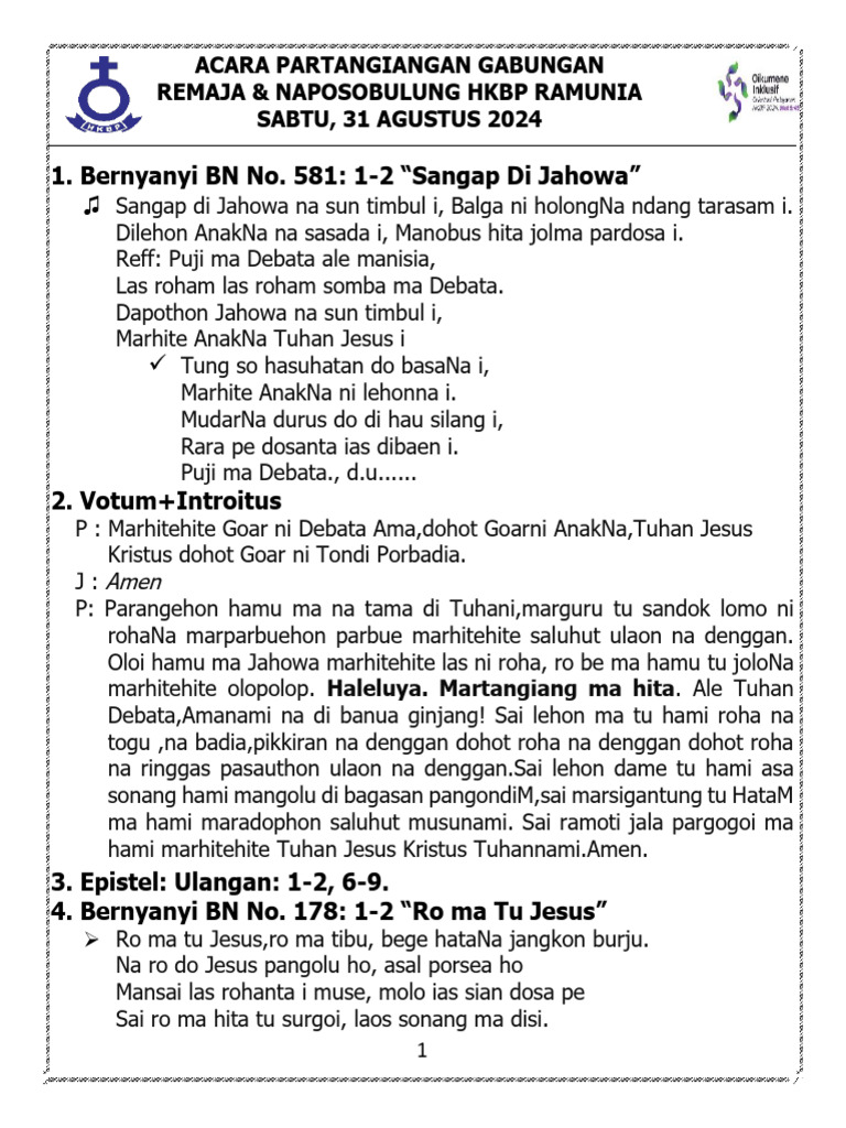 Acara Partangiangan Gabungan RNHKBP Ramunia 2 | PDF