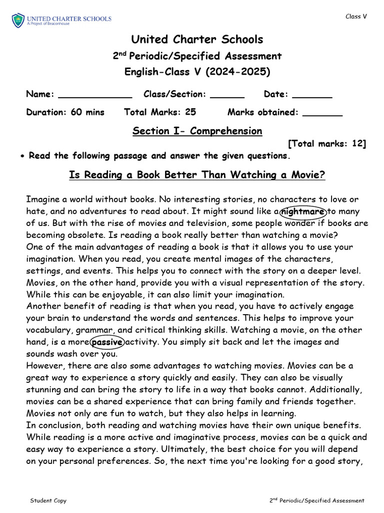 Class V - English - STD Copy - 2nd Periodic (Specified) Assessment ...