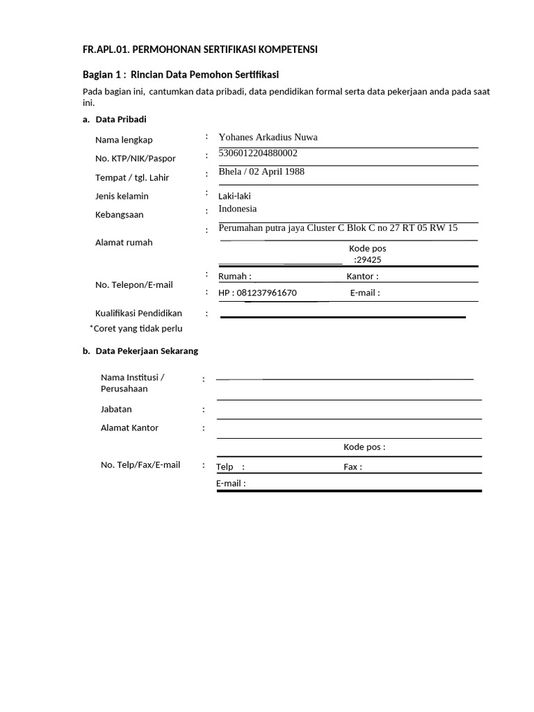 FR - Apl 01. Permohonan Sertifikasi Kompetensi Okupasi Junior Mobile Programmer | PDF