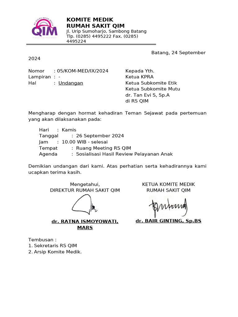 Undangan Pertemuan Komite Medik RS QIM | PDF