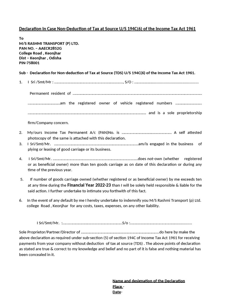 TDS Non-Deduction Declaration Under 194C(6) | PDF