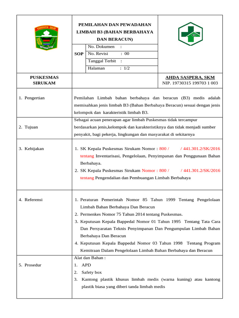 SOP Limbah B3 Puskesmas | PDF