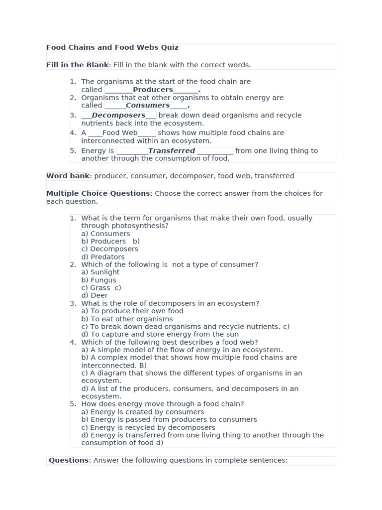 Food Chains and Food Webs Quiz | PDF | Foods | Food Web