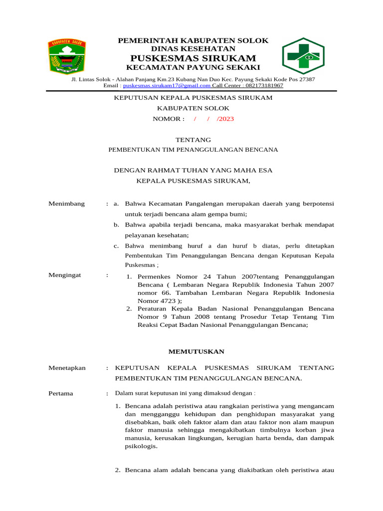 Pembentukan Tim Penanggulangan Bencana | PDF