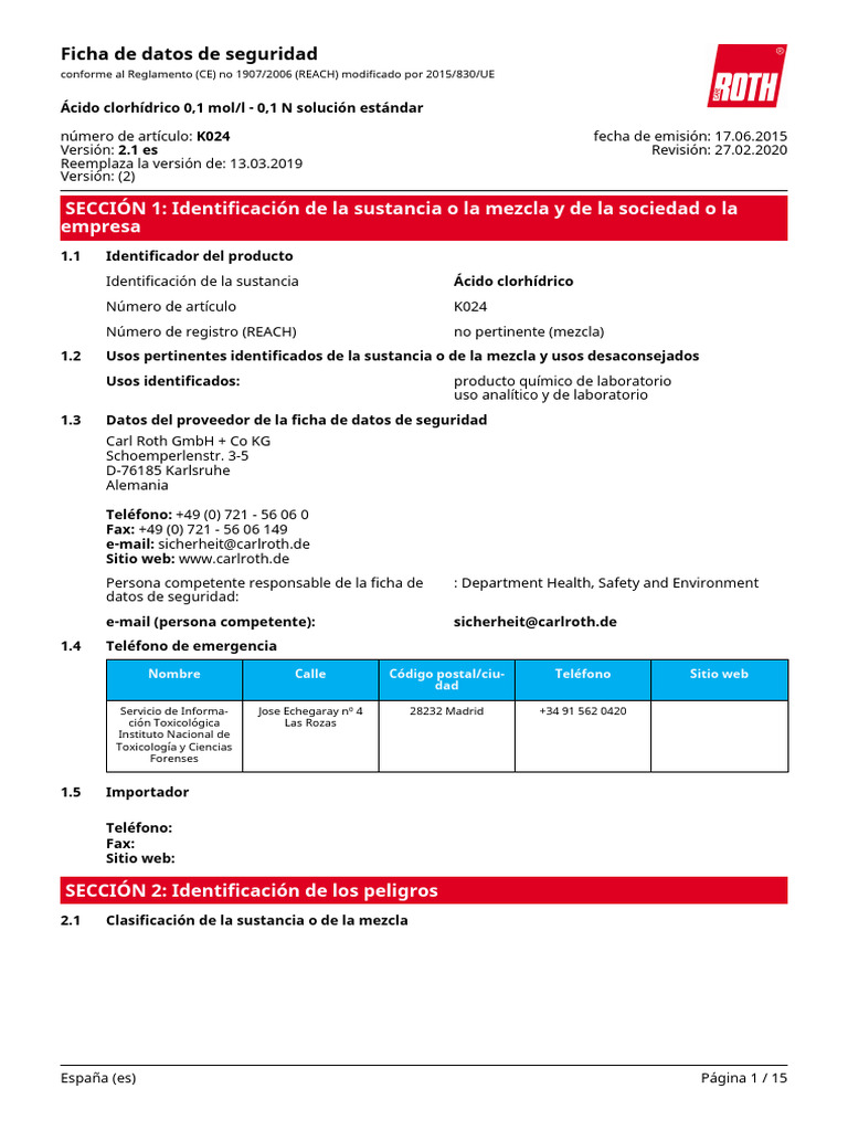Ficha de Datos de Seguridad HCL | PDF | Residuos | Toxicidad