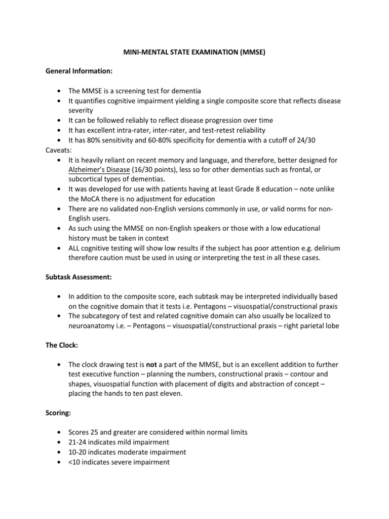 Detailed Guide To The Mini-Mental | PDF | Dementia | Neuroscience