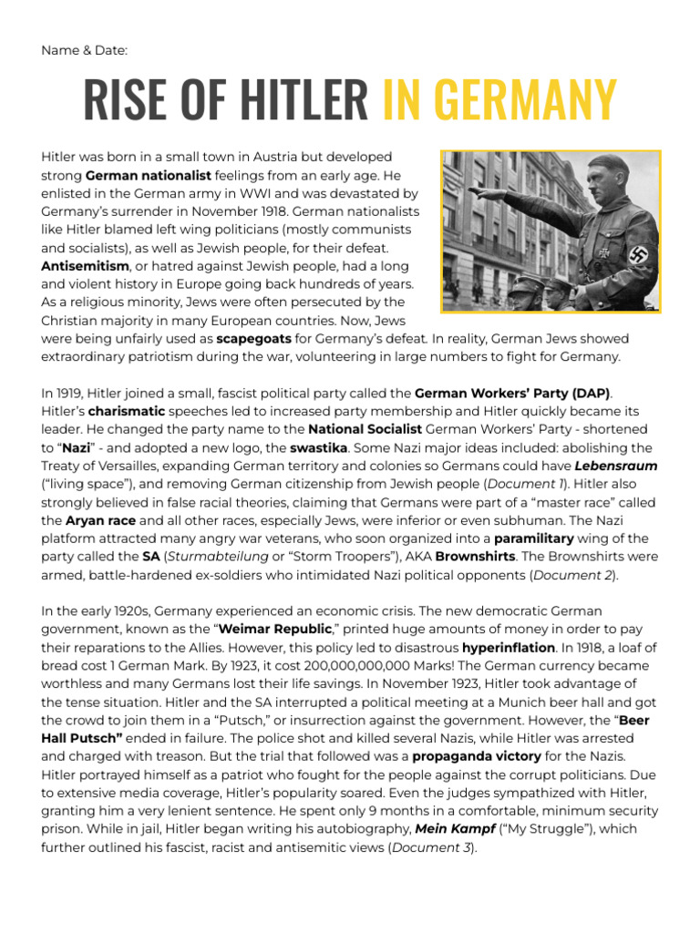 01a RiseofHitler Reading | PDF | Nazi Germany | Adolf Hitler