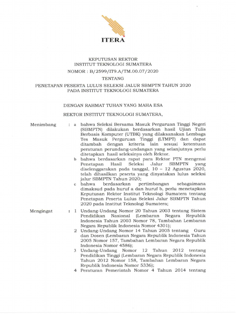 SK Penetapan Peserta Lulus Seleksi SBMPTN 2020 | PDF