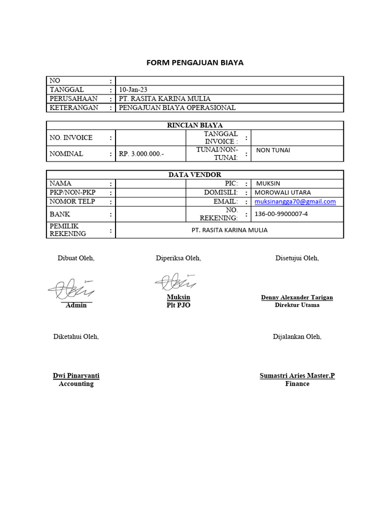 Form Pengajuan Biaya Operasional | PDF