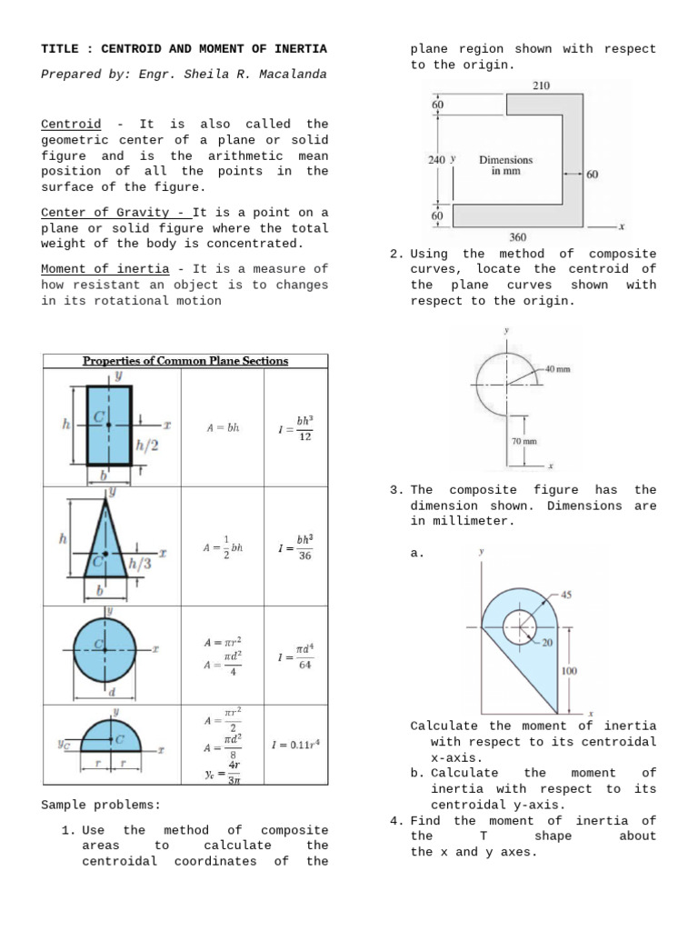 Centroid and Moment of Inertia Guide | PDF | Cartesian Coordinate ...