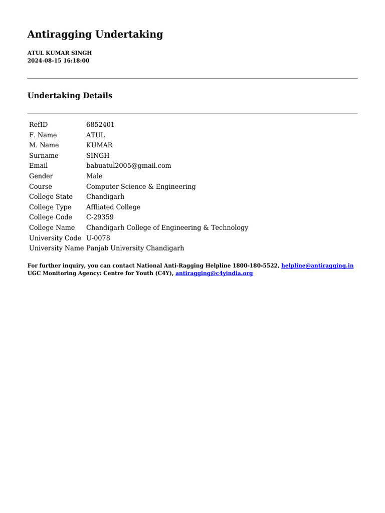 Anti Ragging Affidavit Form | PDF