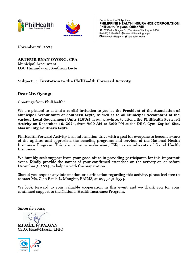 MUNICIPAL ACCOUNTANTS Philhealth Invitation Letter 1 | PDF