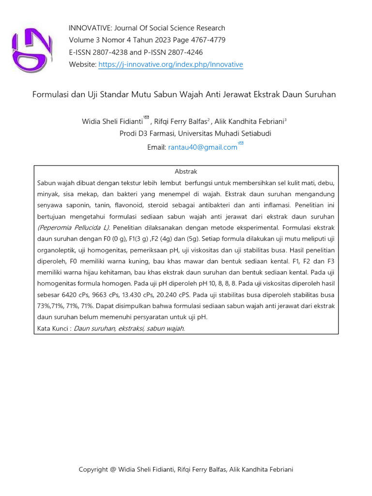 Formulasi Dan Uji Standar Mutu Sabun Wajah Anti Jerawat Ekstrak Daun Suruhan | PDF