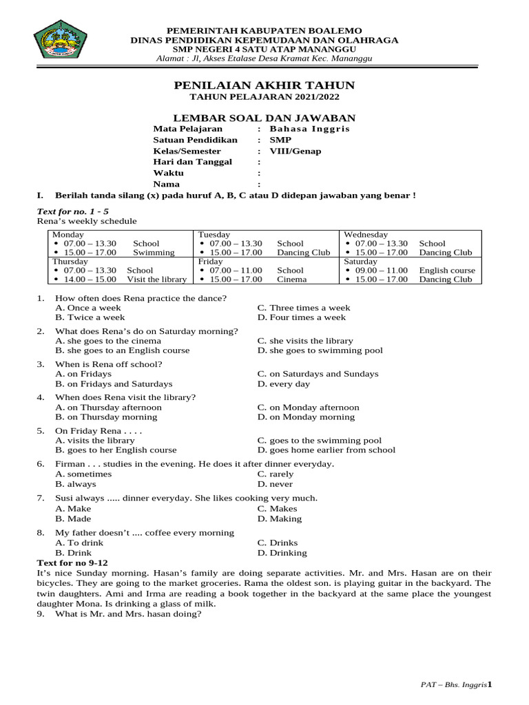 Soal PAT B.ING Kelas 8 K13 | PDF