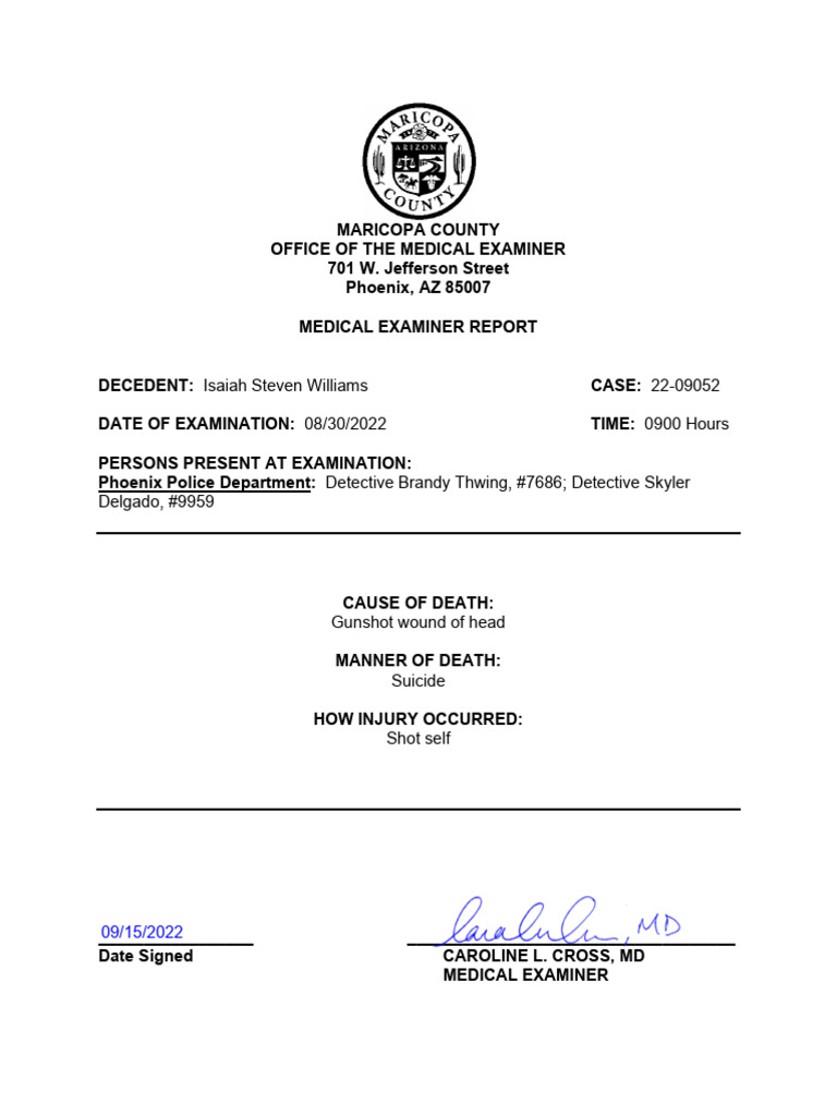 Isaiah Williams Autopsy Report | PDF | Anatomical Terms Of Location ...