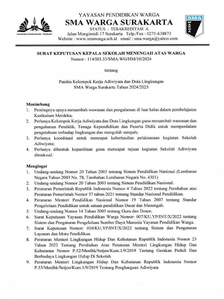 114 SK Panitia Adiwiyata & Duta Link 2024 | PDF