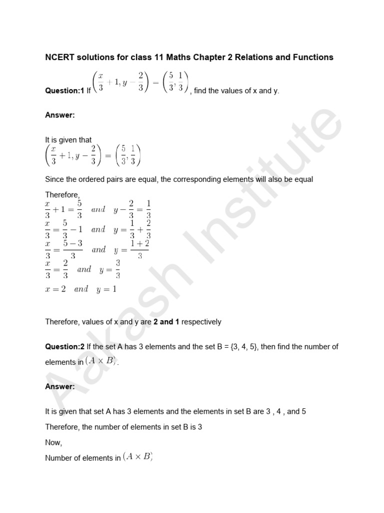 Ncert Solutions Class 11 Maths Chapter 2 Relations and Functions - 0 | PDF | Function ...