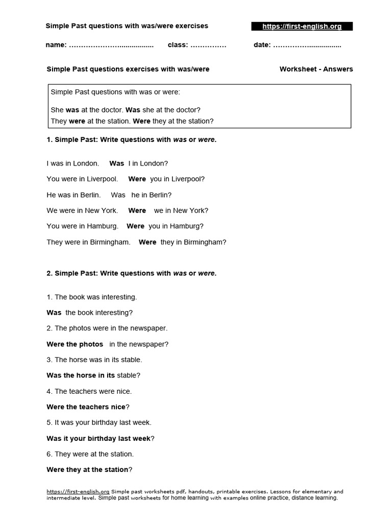 Simple Past 60a Questions With Was Were Example Answers | PDF