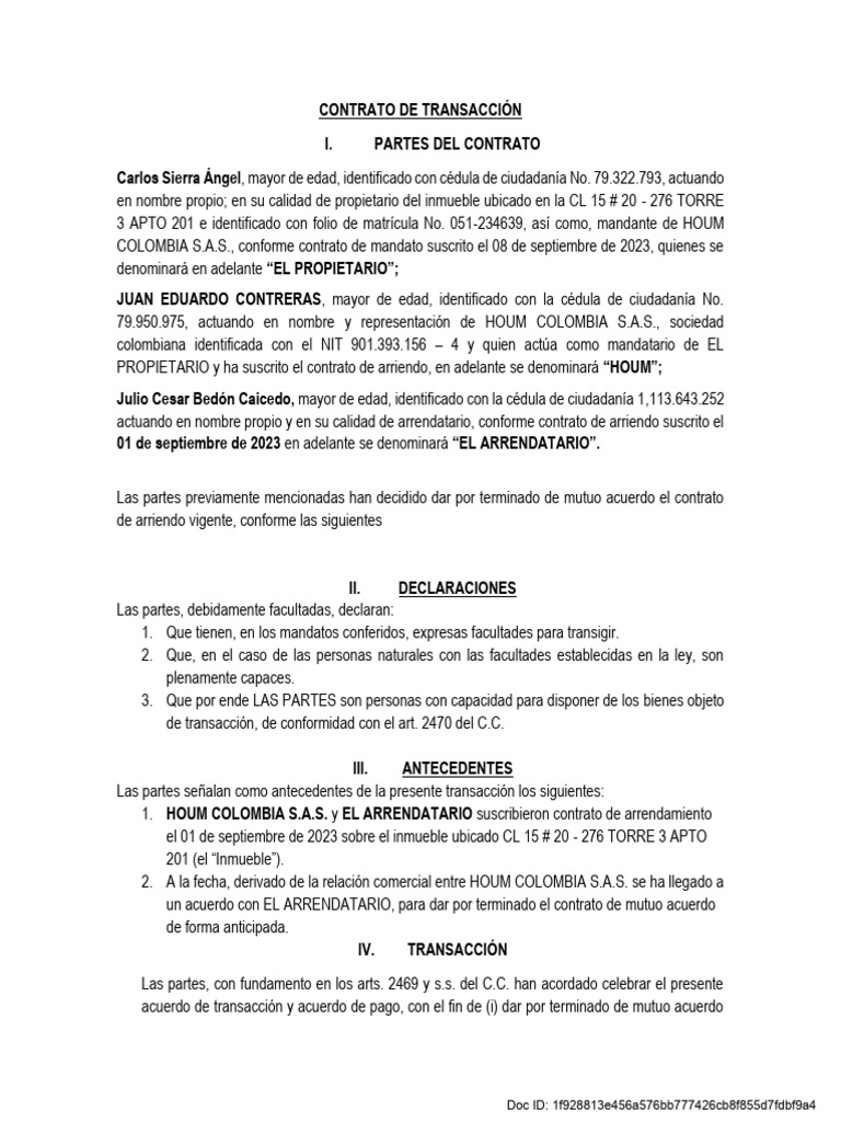Contrato de Transaccion 113771 | PDF
