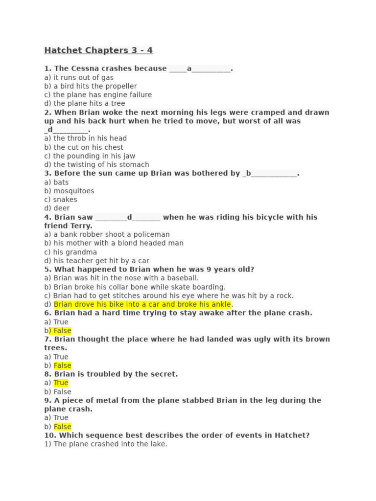 Hatchet Chapters 3-4 Quiz Questions | PDF