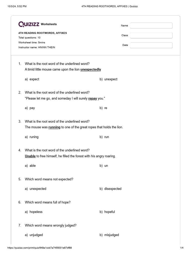 4TH READING ROOTWORDS, AFFIXES - Quizizz | PDF