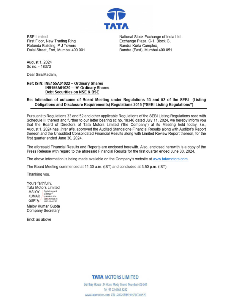 Q1 FY 25 Financials TML | PDF | Going Concern | Audit