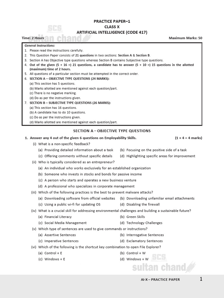 AI Practice Paper for Class X | PDF | Artificial Intelligence ...