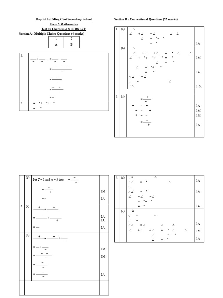 2021-22 Form 2 Test Chapter 3&4 Marking Scheme | PDF | Elementary ...