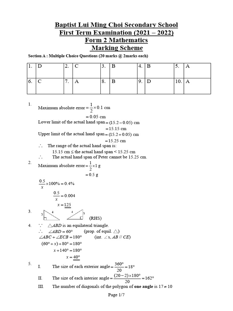 2021-22 F.2 Maths First Term Exam marking scheme (1) | PDF | Mathematics | Elementary Geometry