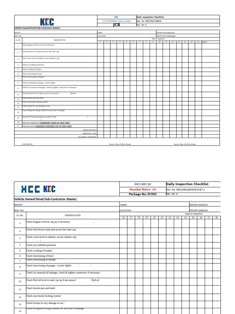 JCB Checklist | PDF