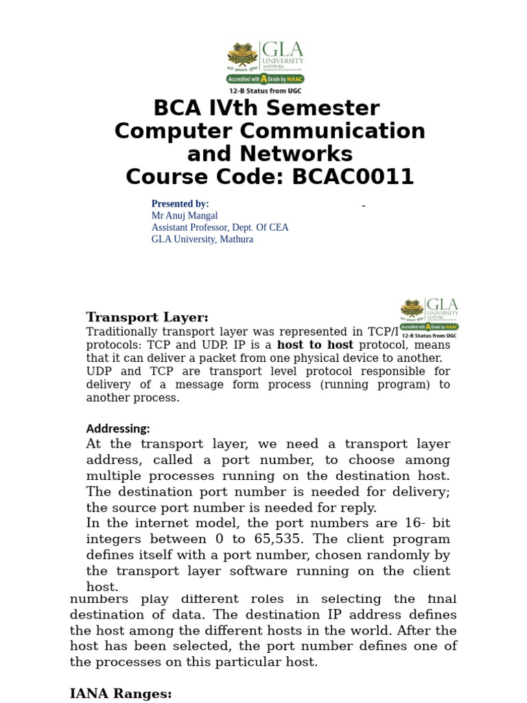 Lecture 20 Transport Layer | PDF | Port (Computer Networking) | Transmission Control Protocol
