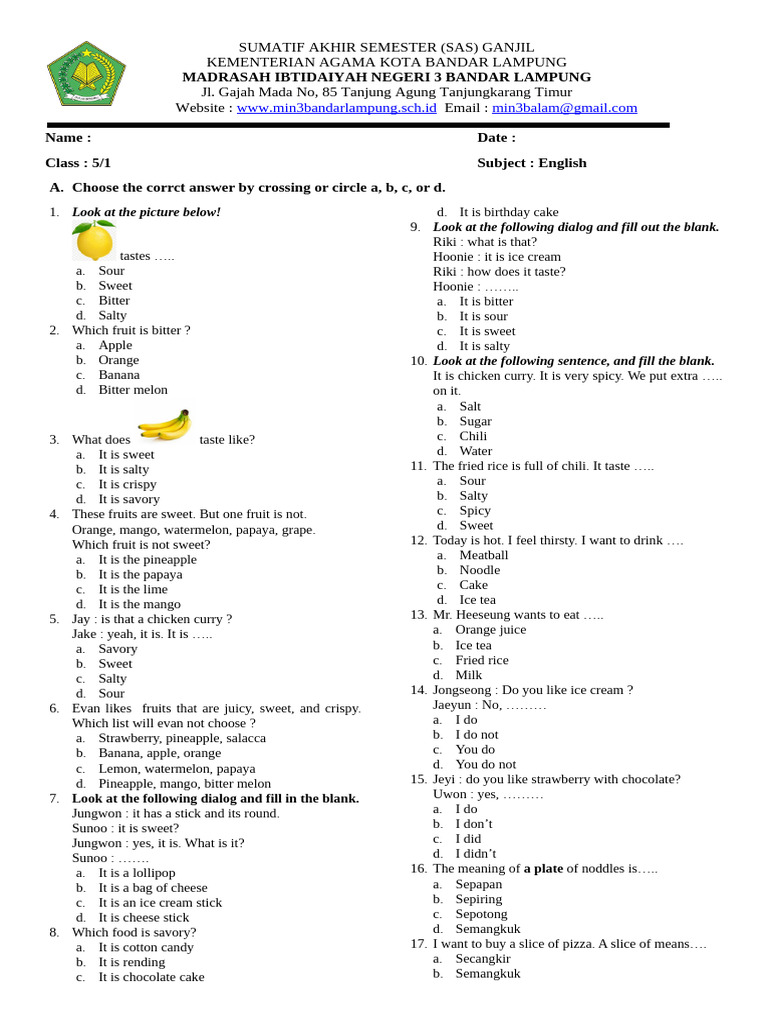 Soal Sas Kelas 5 B.inggris | PDF | Taste | Common Cold