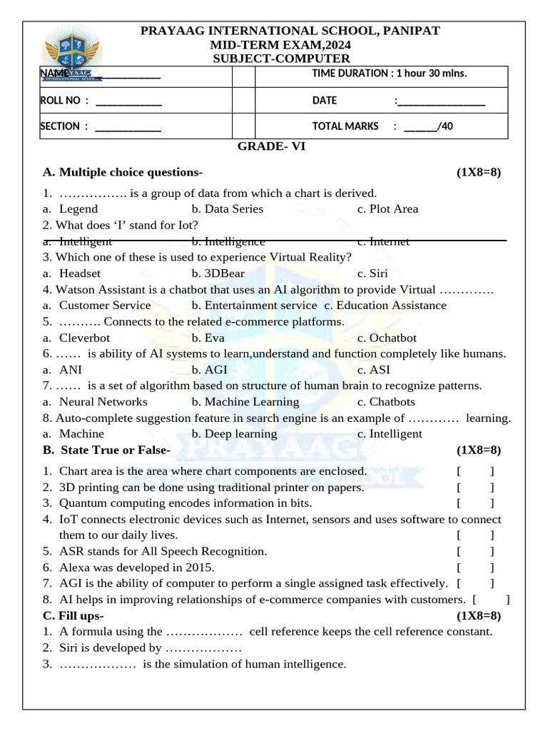 Grade - 6 Computer Mid-Term, 24 | PDF | Artificial Intelligence ...