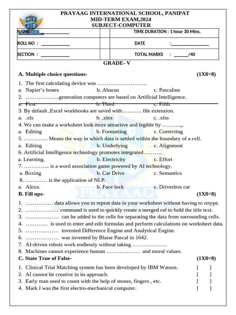 Grade-5 Computer Mid-Term | PDF | Microsoft Excel | Artificial Intelligence