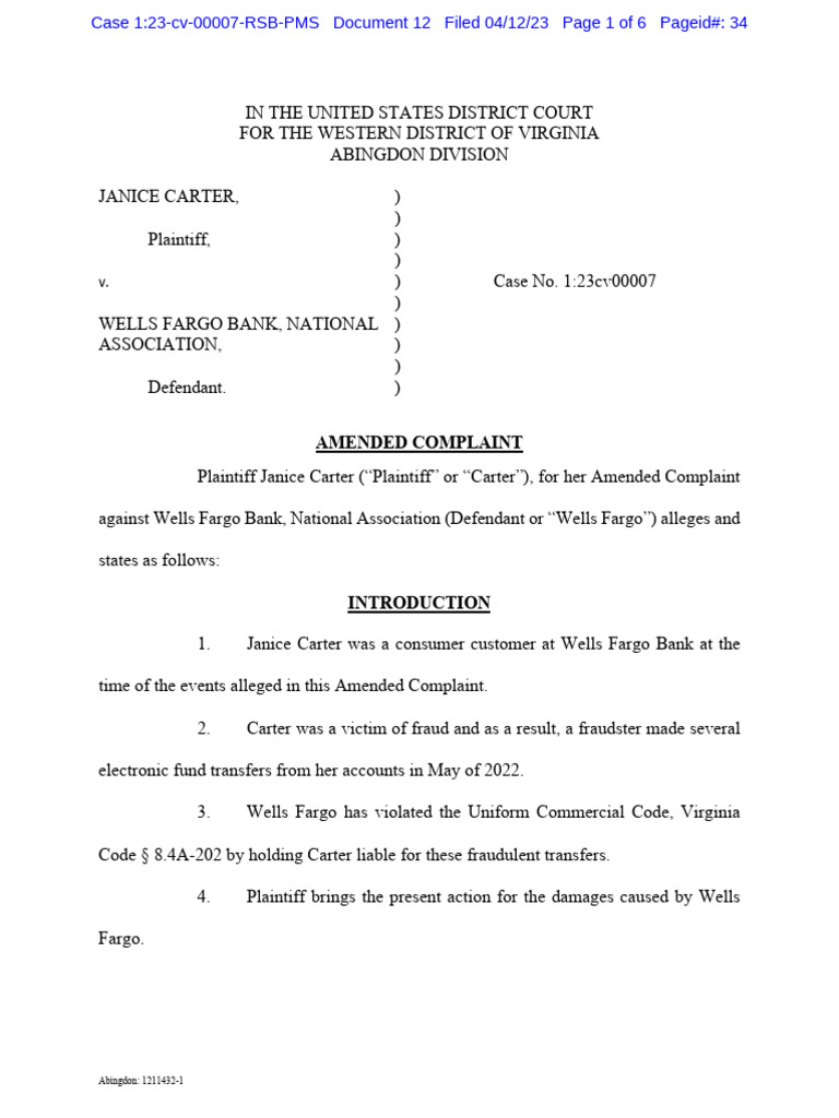 Janice Carter v. Wells Fargo Fraud Case | PDF | Complaint | Common Law