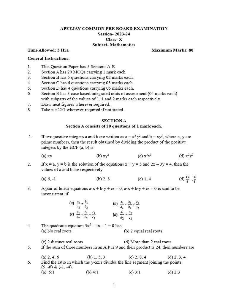 Class 10 Mathematics Pre-Board Exam | PDF | Circle | Area